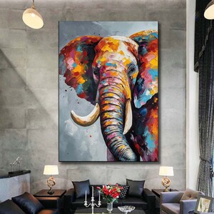 Boho Wall Decor Colorful Elephant Oil Painting on Canvas,animal ...