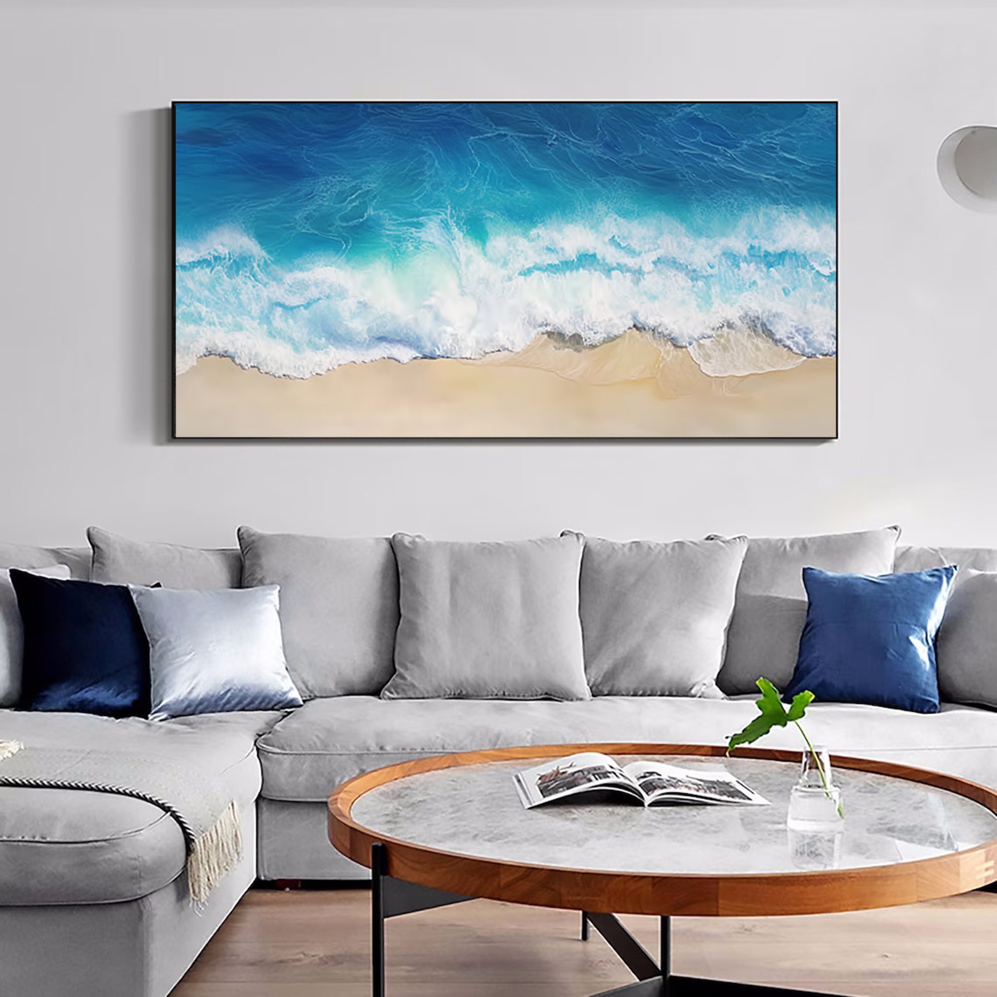 Hand Painted Impasto Sea Texture Art,large Abstract Blue Sea Island ...