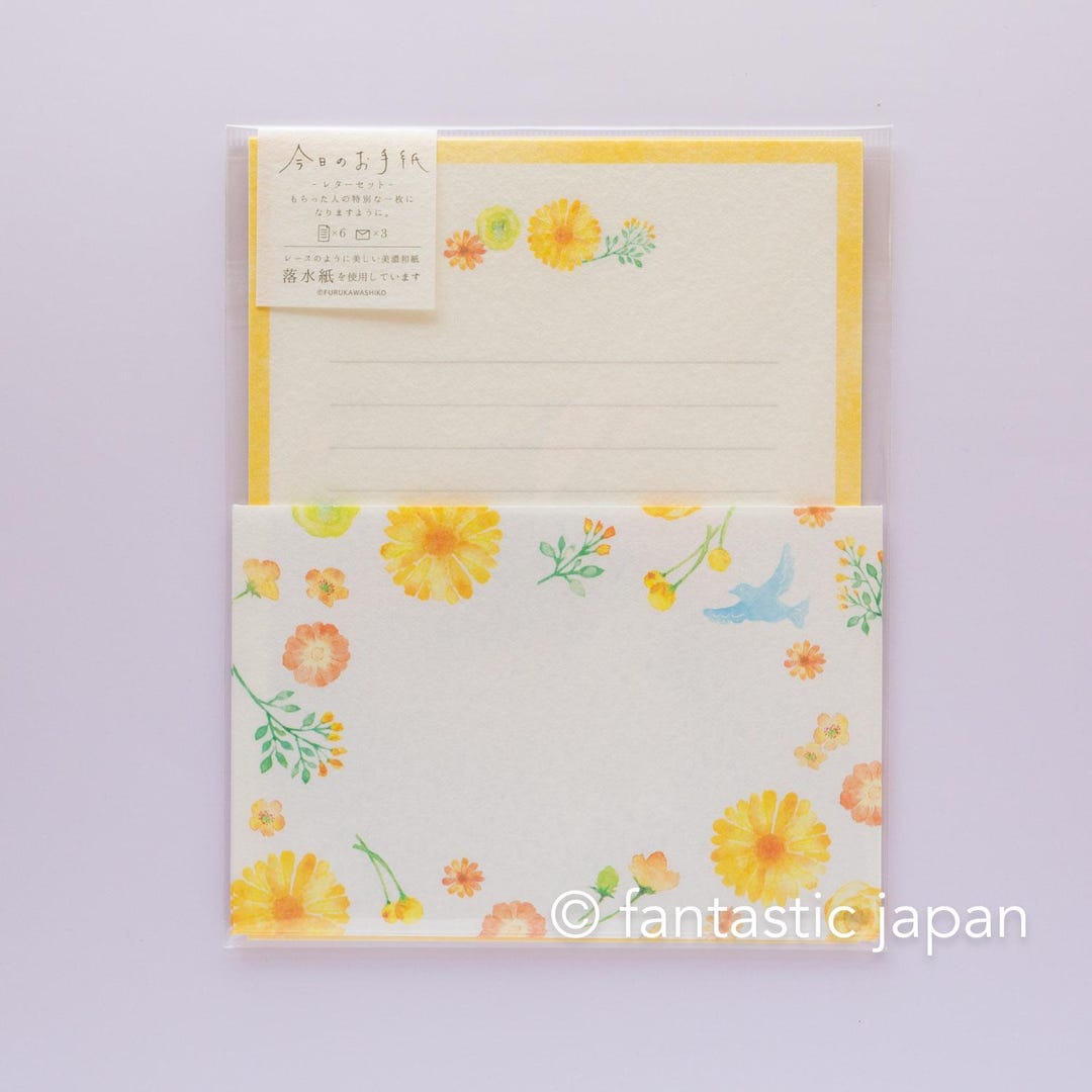 Japanese Washi Letter Writing Set -blue Bird in Yellow Flowers ...