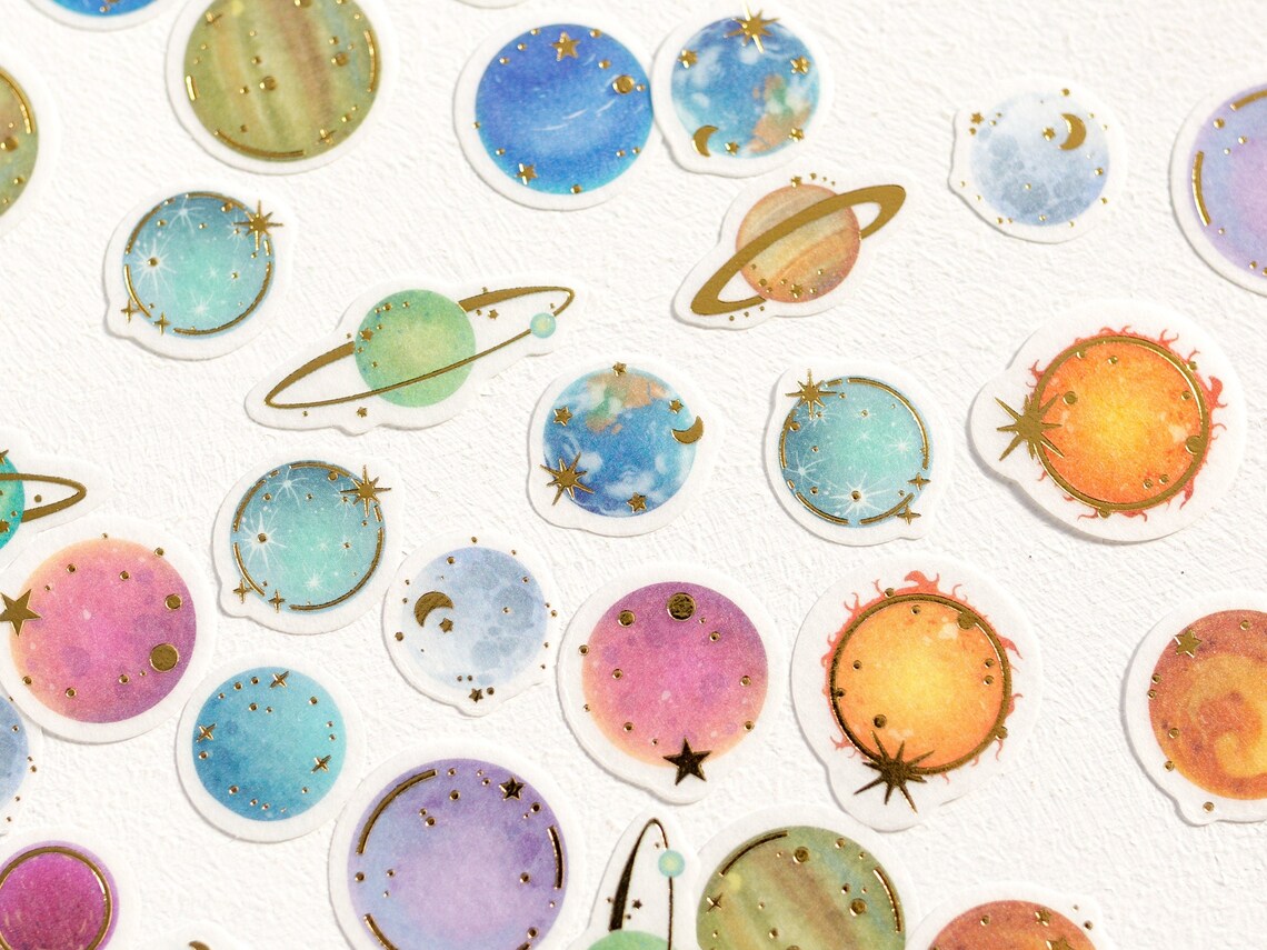 Washi Flake Stickers/ Gold Foil Planet Stickers / Universe - Etsy