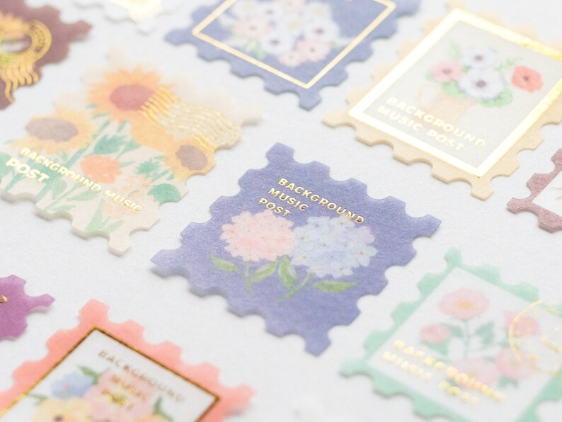 Washi Flake Stickers postage Stamp flower / Gold - Etsy
