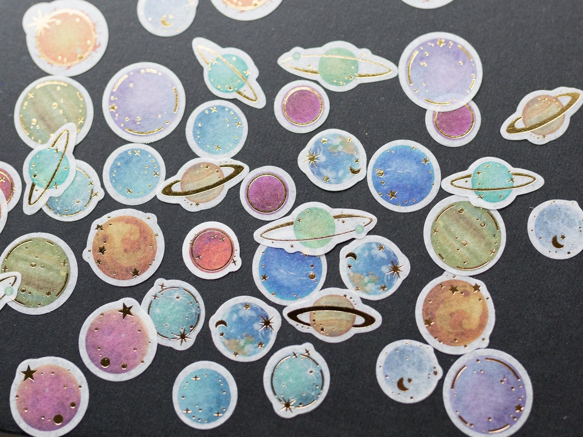 Washi Flake Stickers/ Gold Foil Planet Stickers / Universe - Etsy
