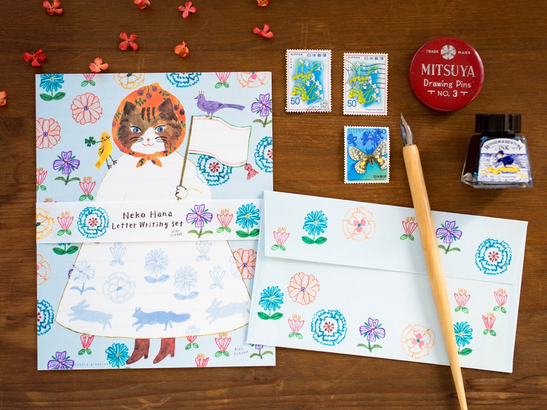 Japanese Writing Letter Set -cat With Flowers- by Aiko Fukawa/ Mino ...
