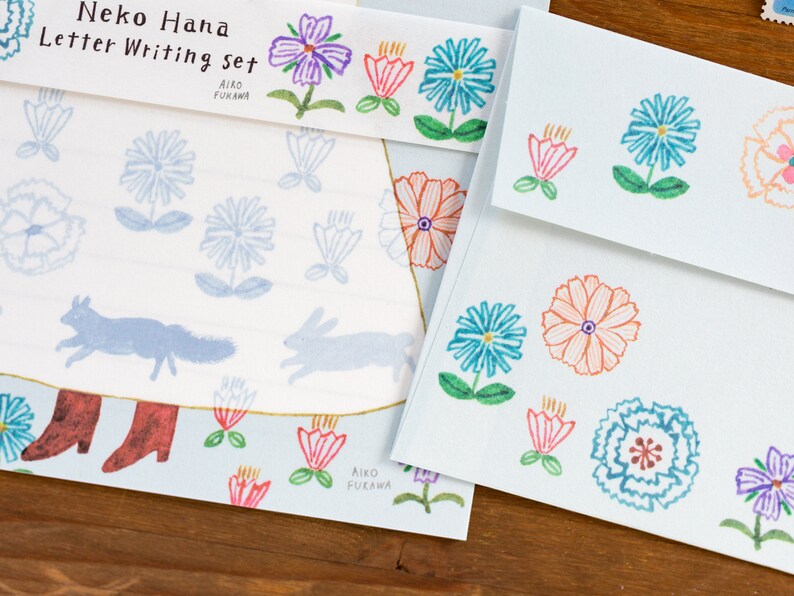 Japanese Writing Letter Set cat With Flowers by Aiko Fukawa/ | Etsy