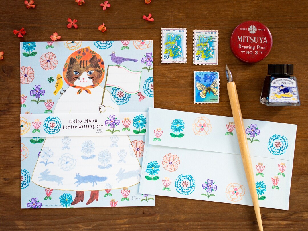 Japanese Writing Letter Set cat With Flowers by Aiko Fukawa/ - Etsy