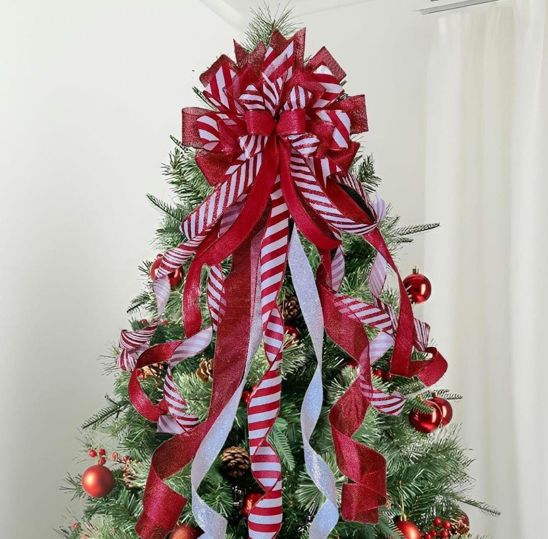 Candy Cane Christmas Tree Topper Bow, Red and White Tree Topper Bow ...