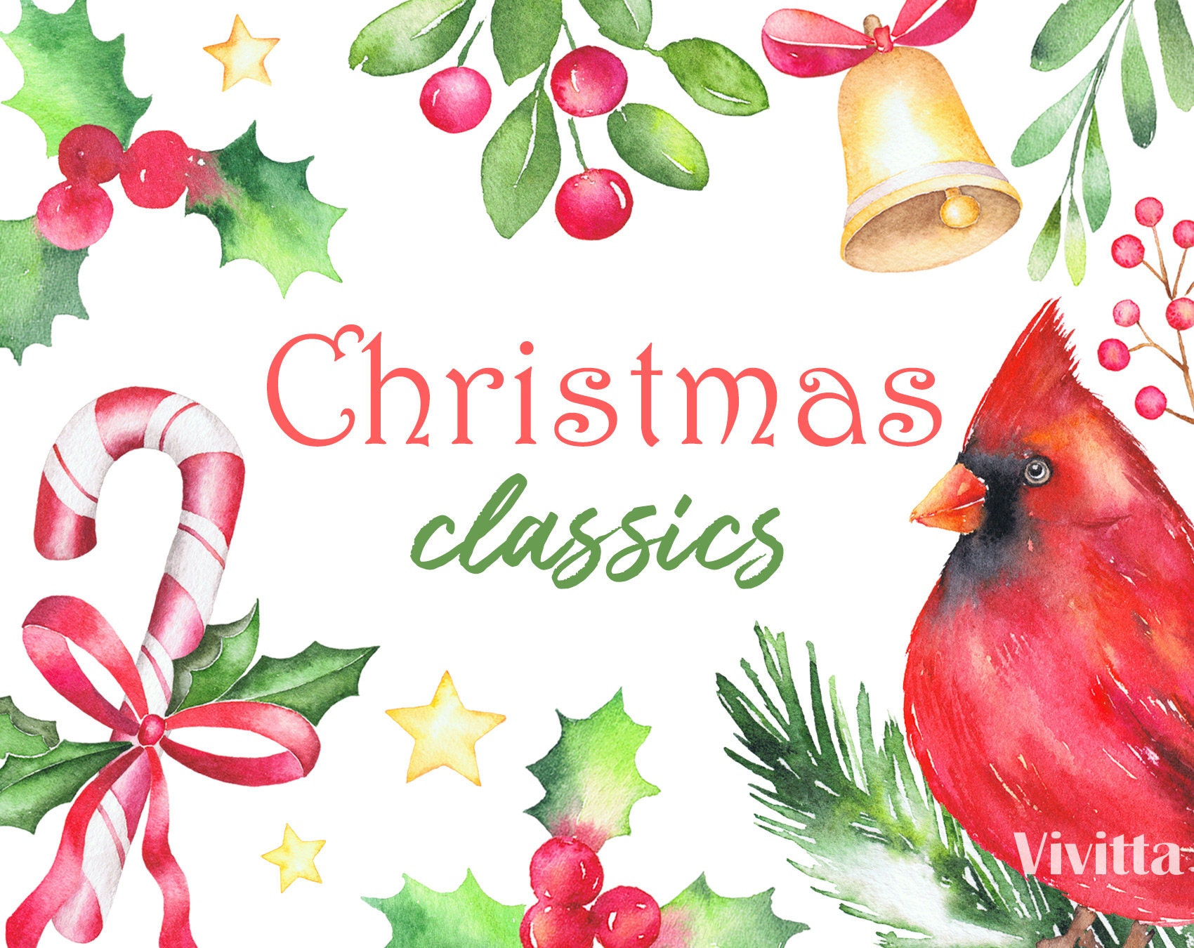 Watercolor Christmas Classics. Clip Art, Holiday, Watercolor Bird Red ...