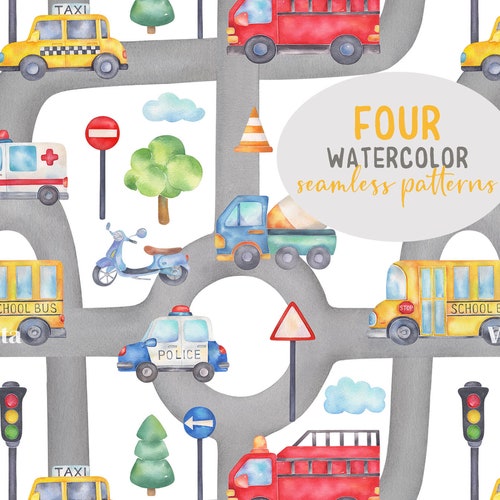 Cars Watercolor Transport Clipart Vehicles City Boys Bus | Etsy