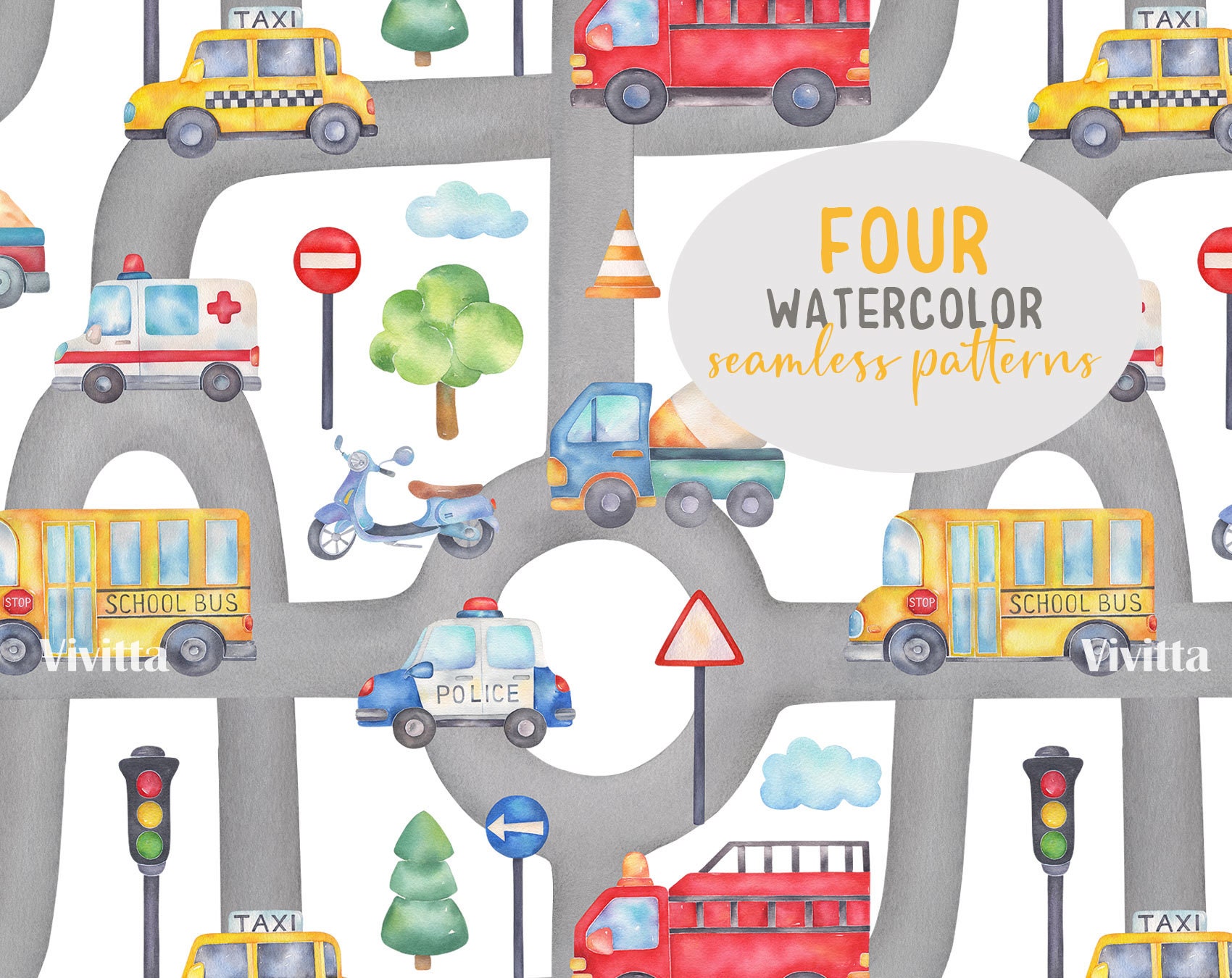 Cars, Transport, Watercolor, Pattern, Road, Vehicles, City, Boys, Bus ...