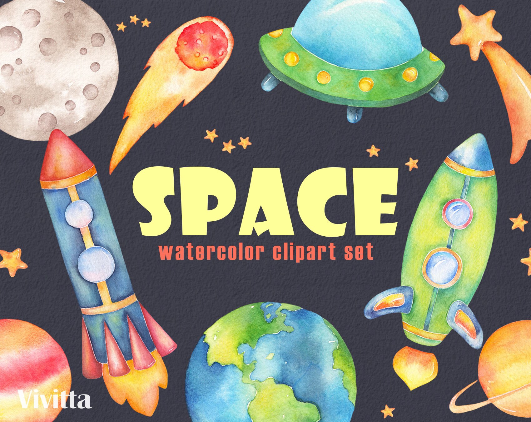 Space Watercolor Clipart Collection, Planets, Galaxy - Etsy