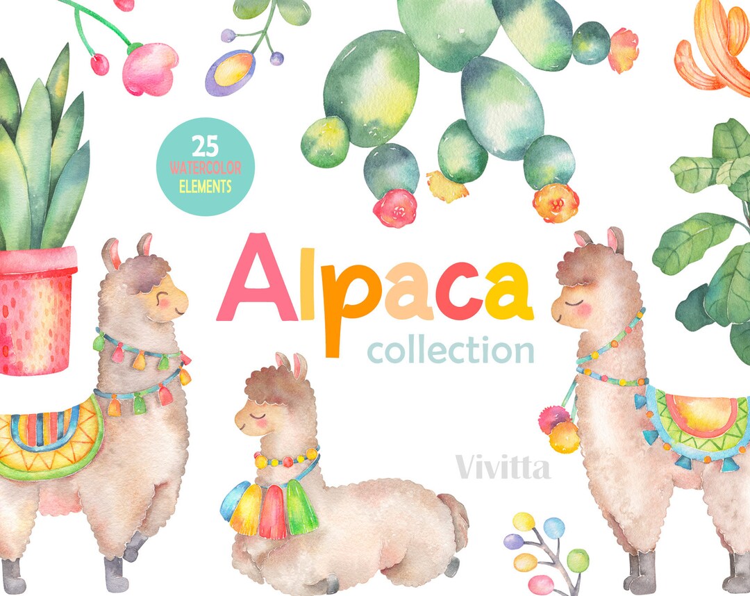 Alpaca Collection, Llama Clipart, Cactus, Mexican, Cute Animals ...