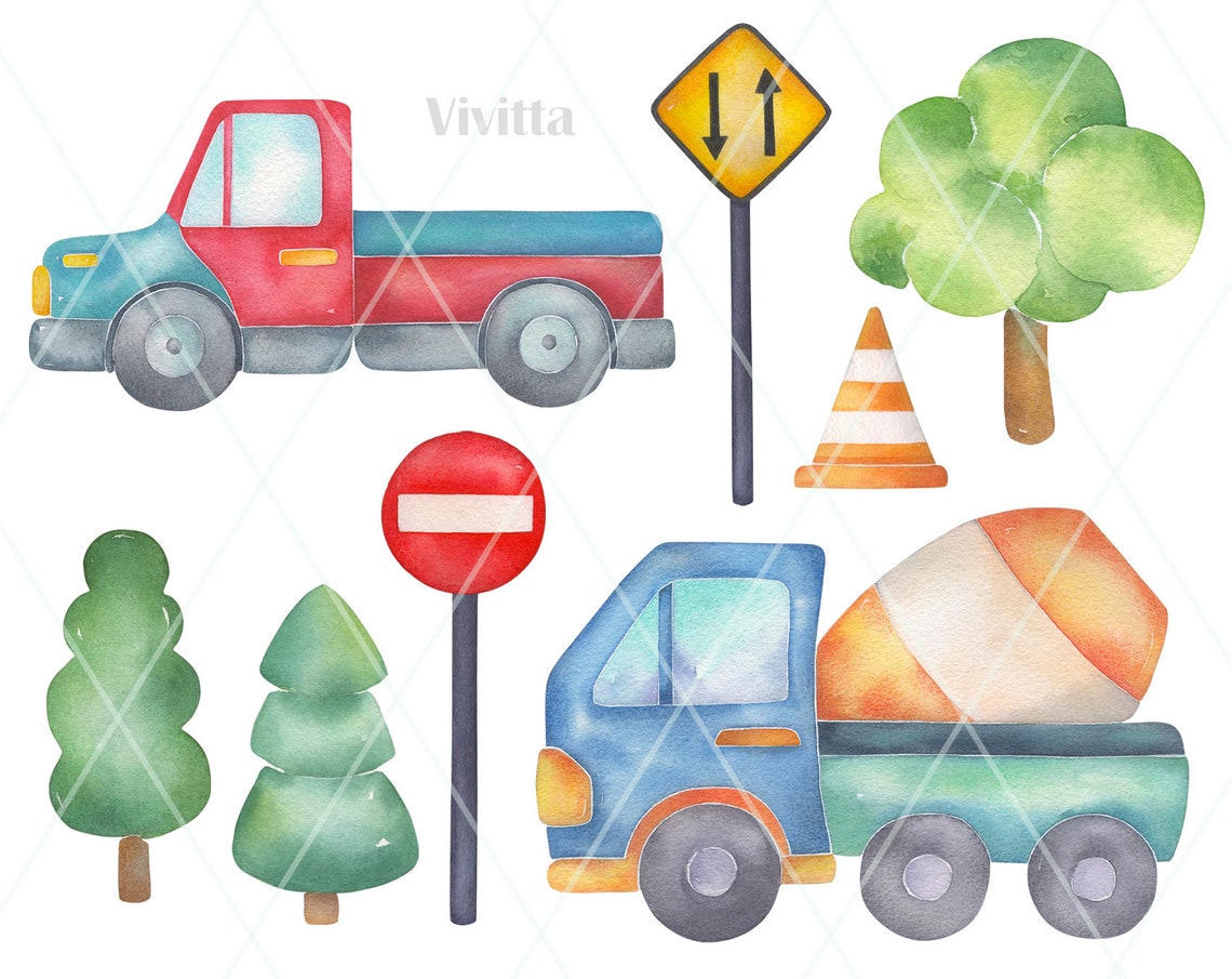 Cars Watercolor Transport Clipart Vehicles City Boys Bus | Etsy