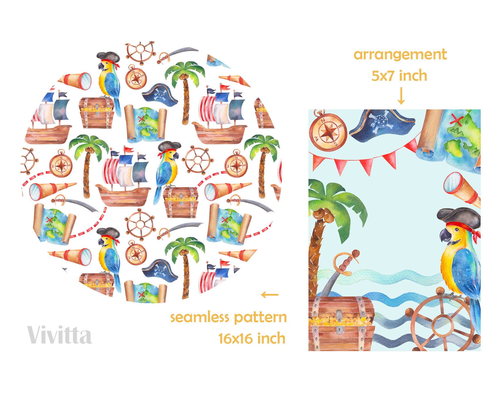 Pirates, Pirates Party, Watercolor Clipart , Tropical, Parrot, Map ...