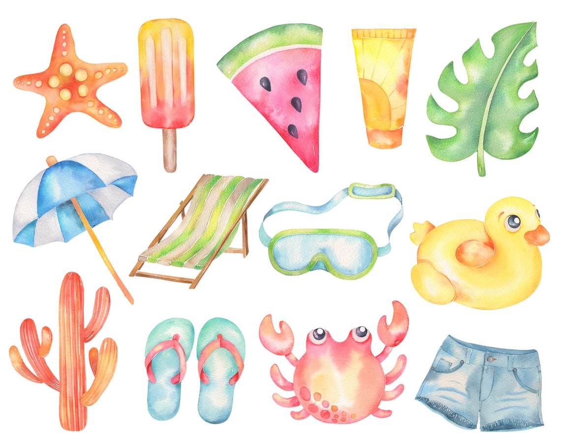 Summer Vibes, Watercolor Clipart, Beach Elements, Summer Party - Etsy