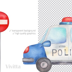 Cars, Watercolor Transport Clipart, Vehicles, City, Boys, Bus, Police ...