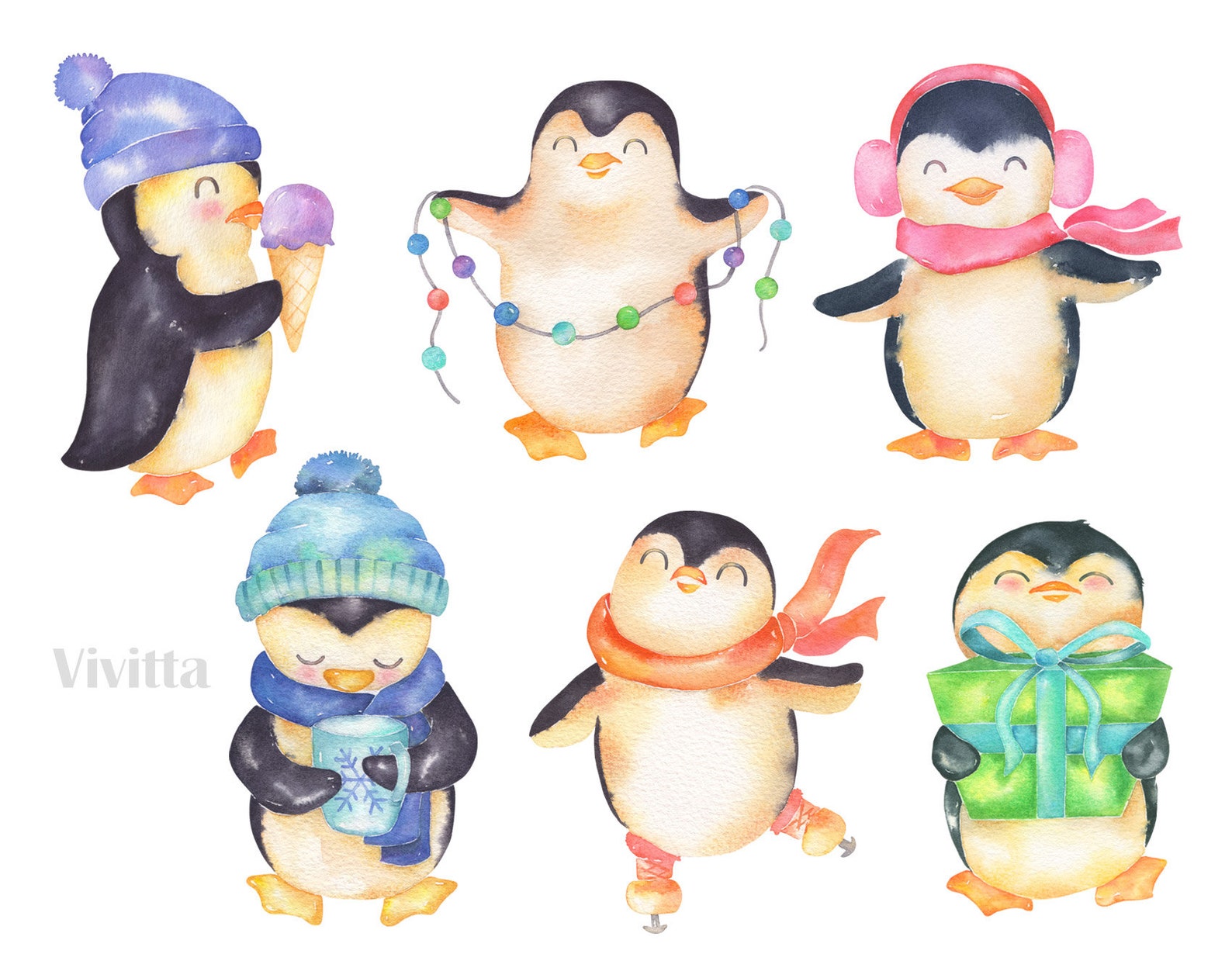 Penguins Watercolor Clipart Winter Christmas Penguin - Etsy