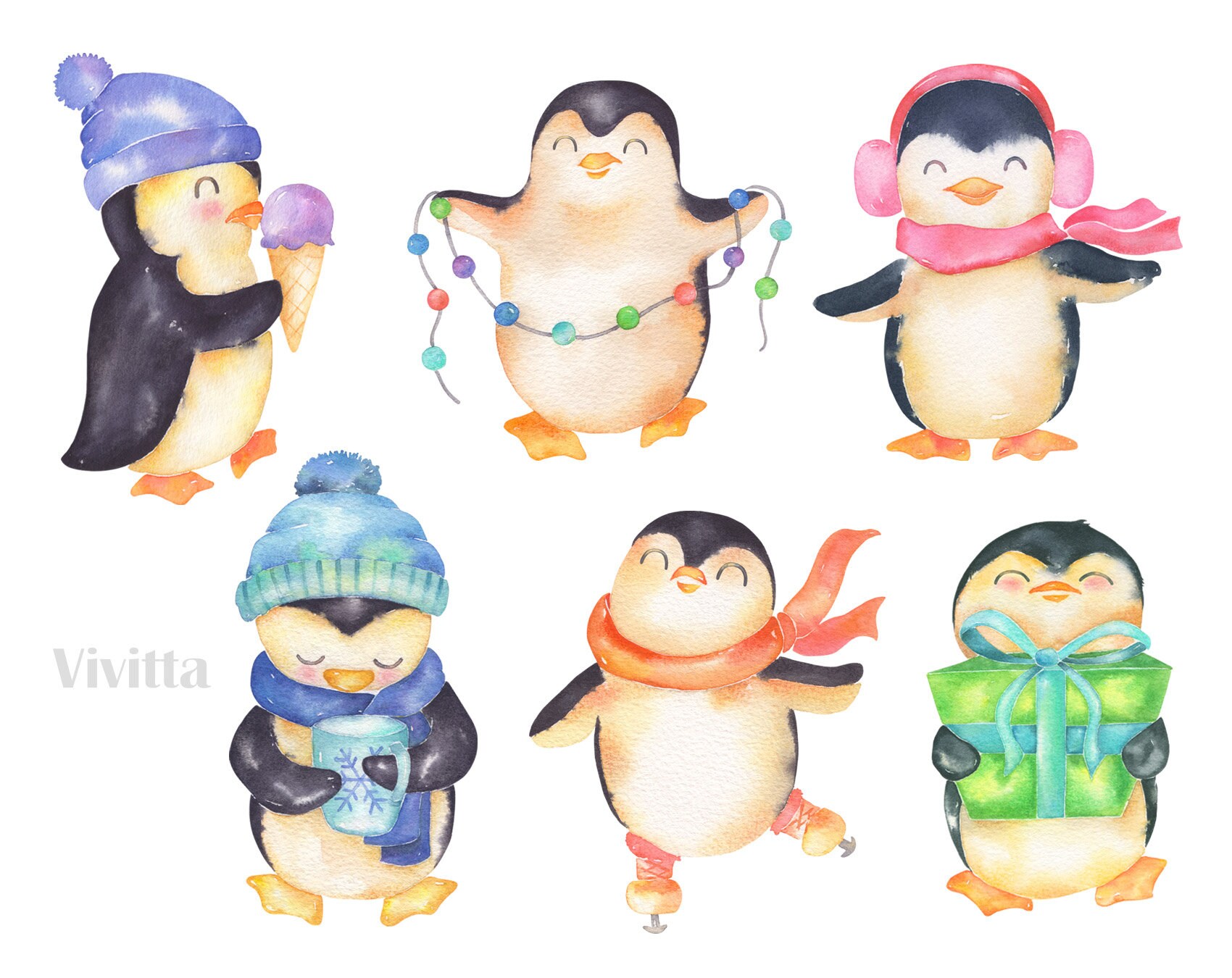 Penguins Watercolor Clipart Winter Christmas Penguin - Etsy