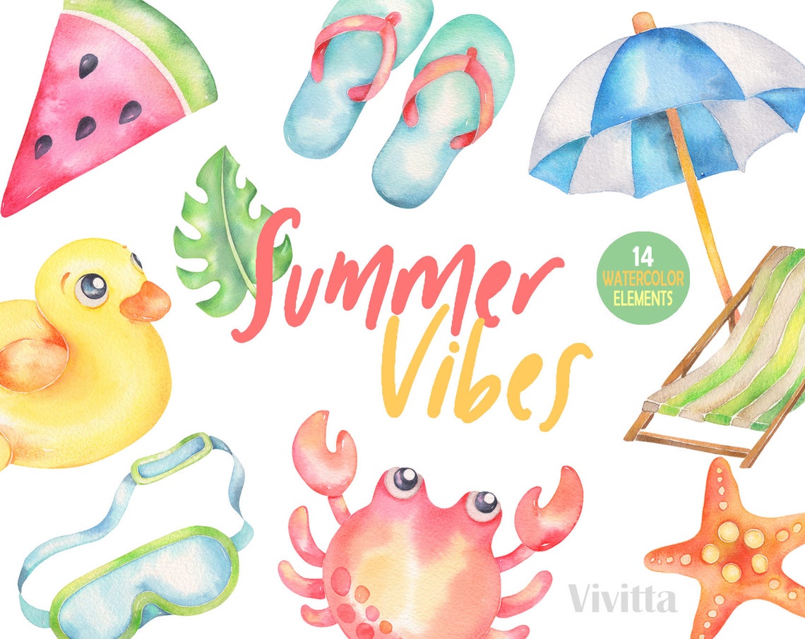 Summer Vibes, Watercolor Clipart, Beach Elements, Summer Party - Etsy