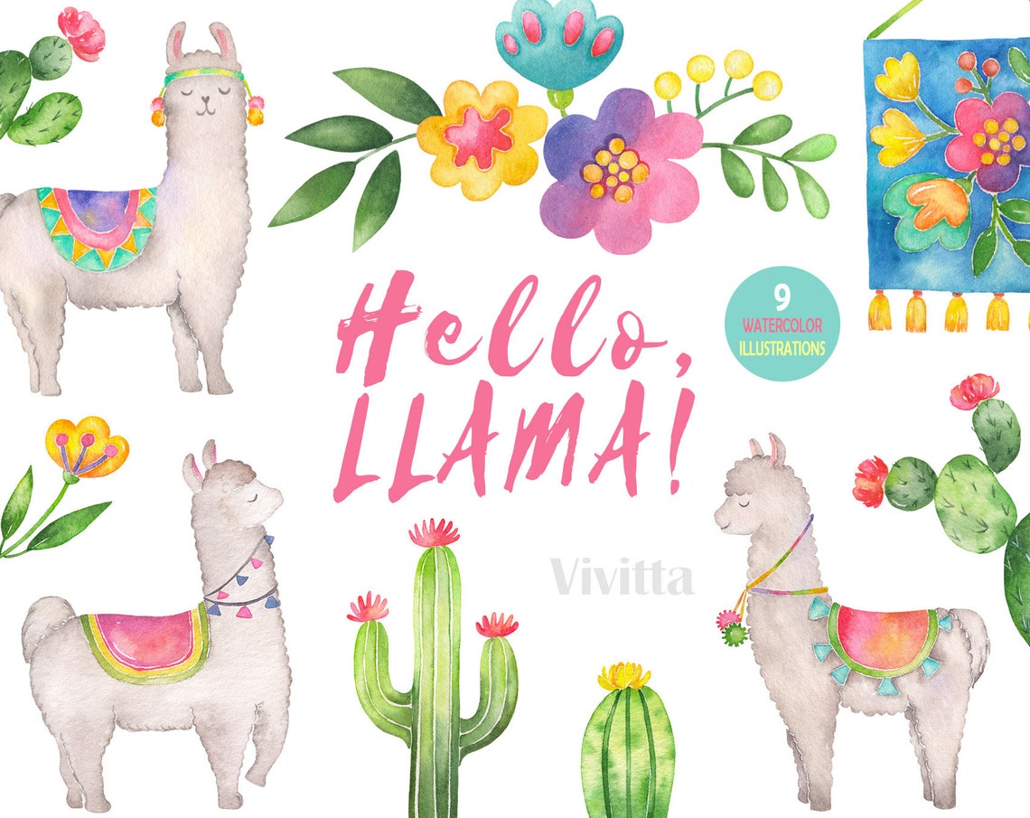 Llama Watercolor Clipart Set, Hello, Lama. Watercolor Cactus, Alpaca ...