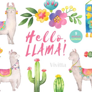 Llama Watercolor Clipart Set, Hello, Lama. Watercolor Cactus, Alpaca ...