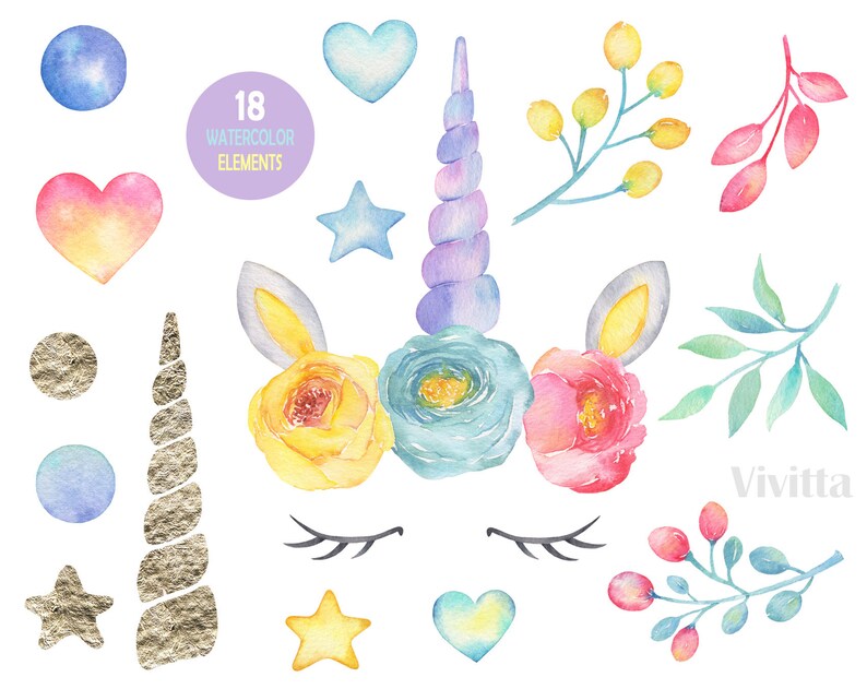 Unicorn Watercolor Clipart, Floral, Cute Unicorn Face - Etsy