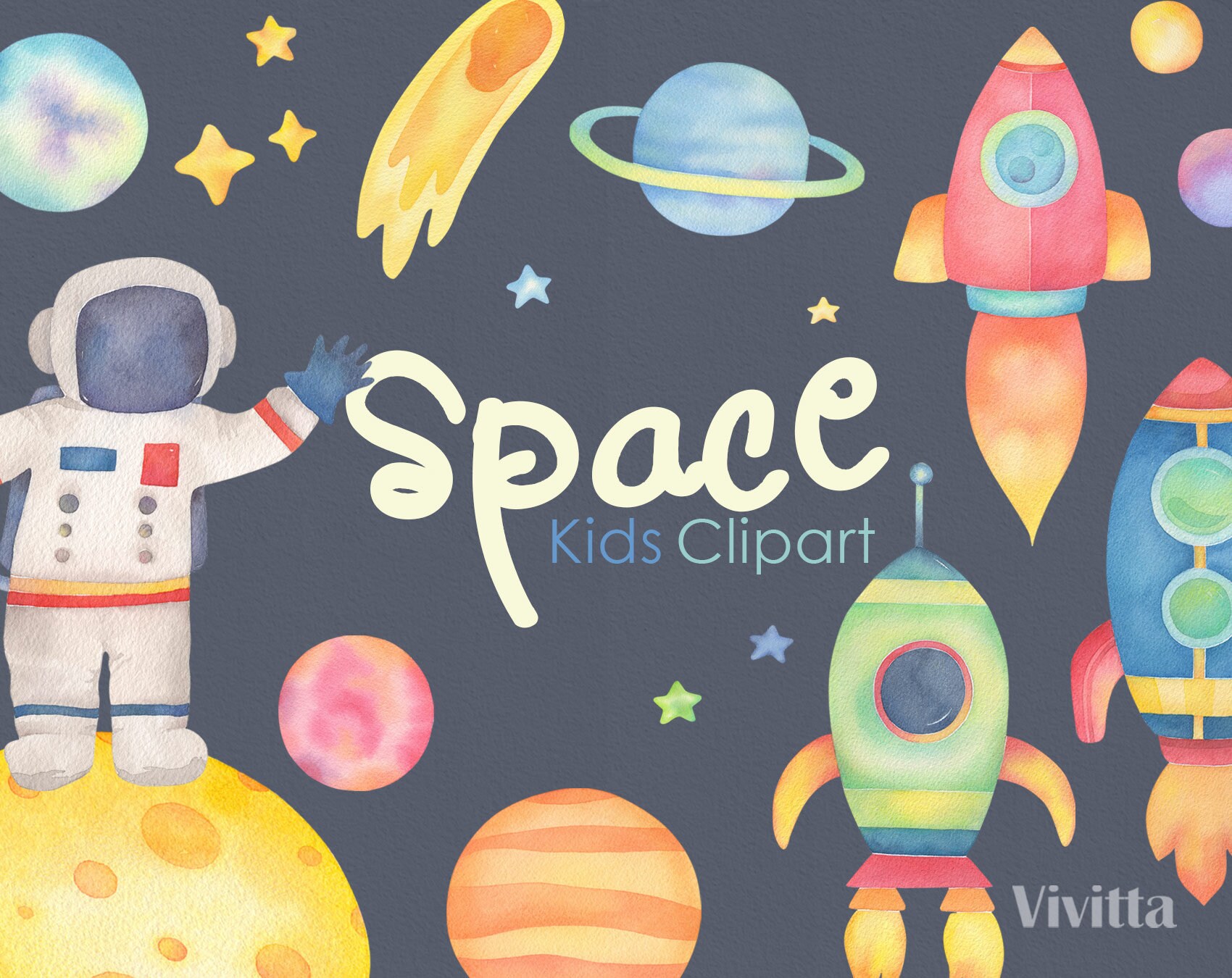 Space Kids Clipart, Planets, Astronaut, Rocket, Moon, Stars, Comet. - Etsy