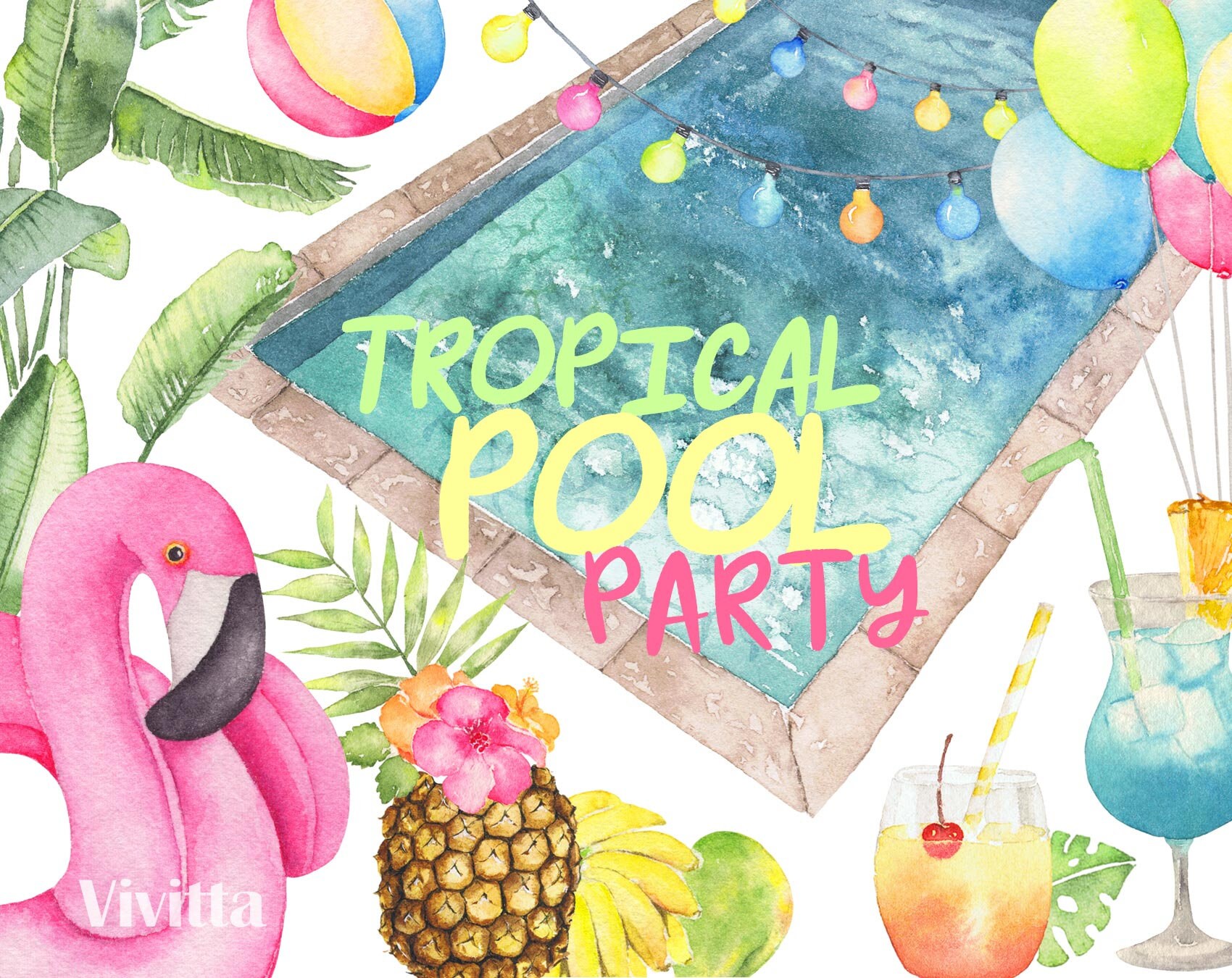 Watercolor Tropical Pool Party Summer Vacation Style DIGITAL - Etsy