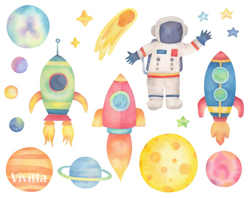 Space Kids Clipart, Planets, Astronaut, Rocket, Moon, Stars, Comet. - Etsy
