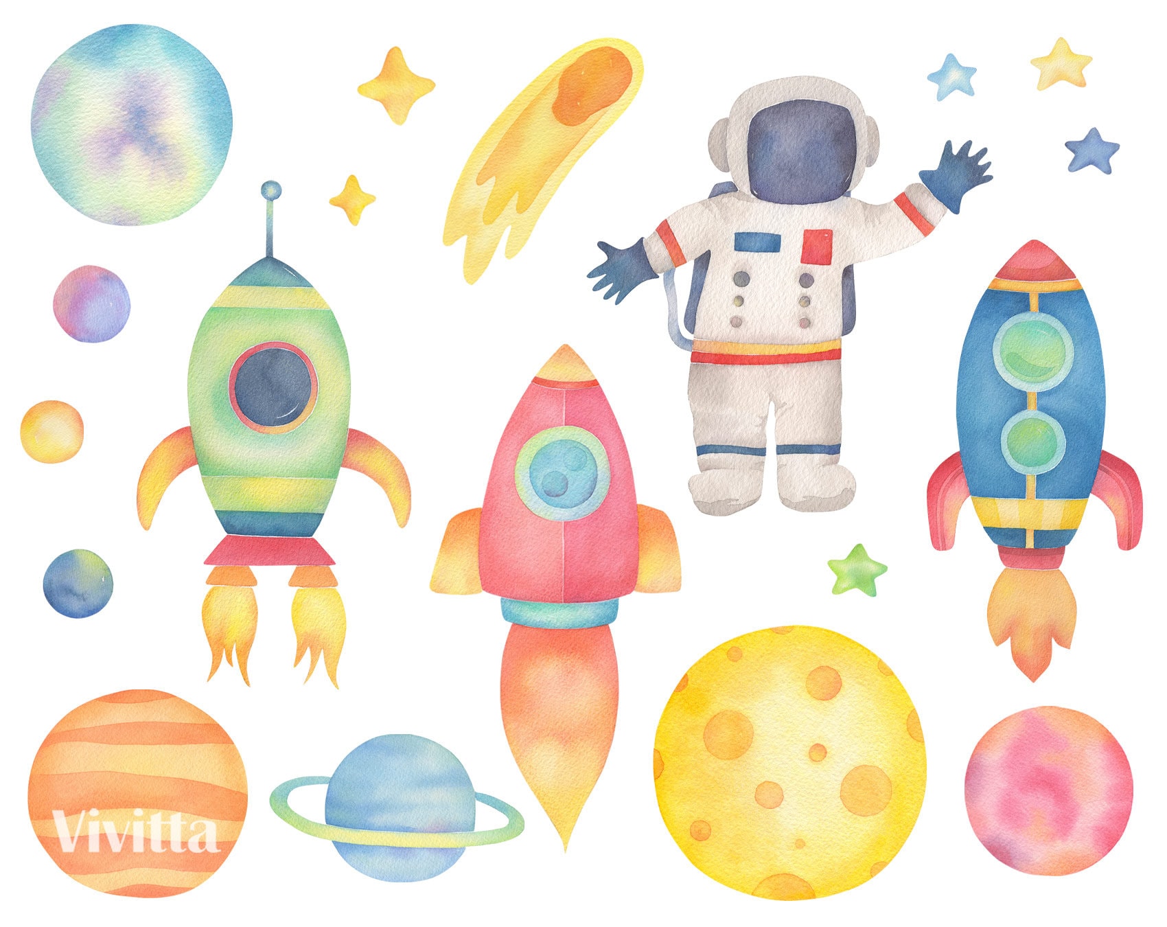 Space Kids Clipart, Planets, Astronaut, Rocket, Moon, Stars, Comet. - Etsy