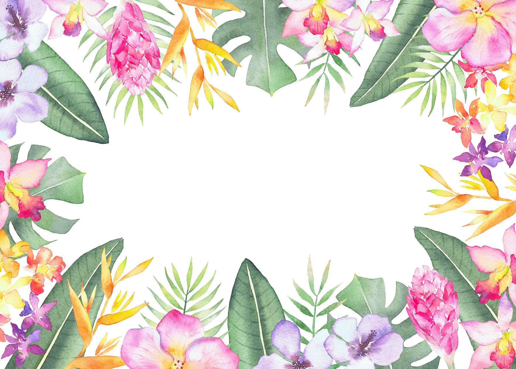Watercolor Clipart Set tropical Flora, Summer Wedding, Pre-made Frames ...