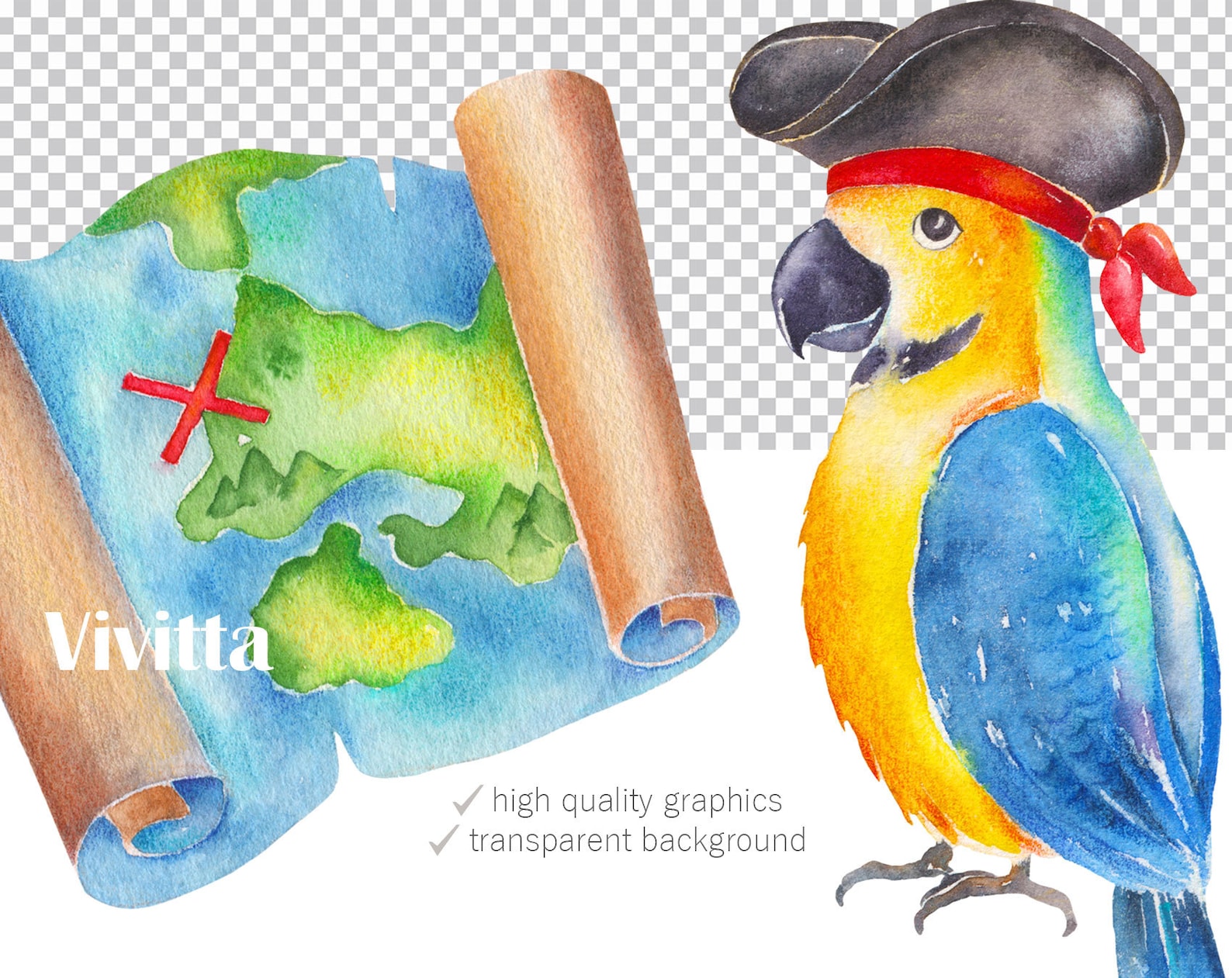 Pirates, Pirates Party, Watercolor Clipart , Tropical, Parrot, Map ...
