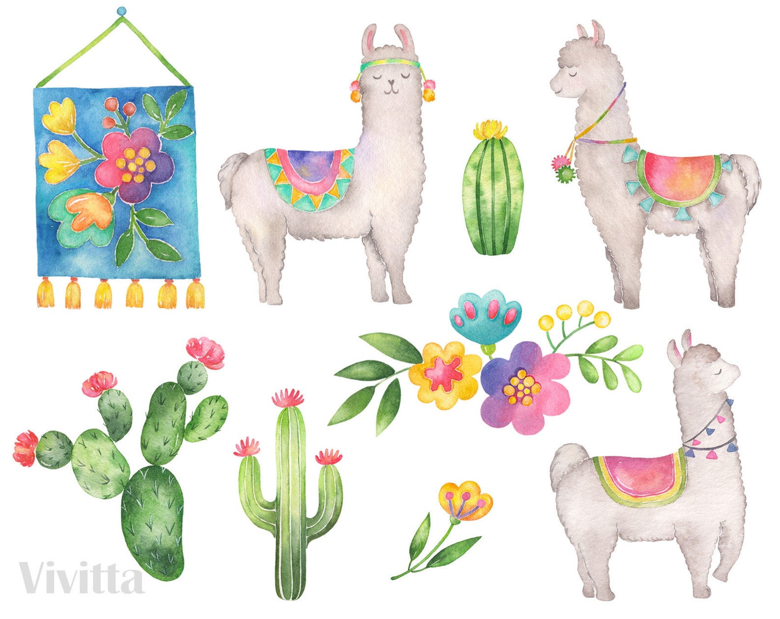 Llama Watercolor Clipart Set, Hello, Lama. Watercolor Cactus, Alpaca ...