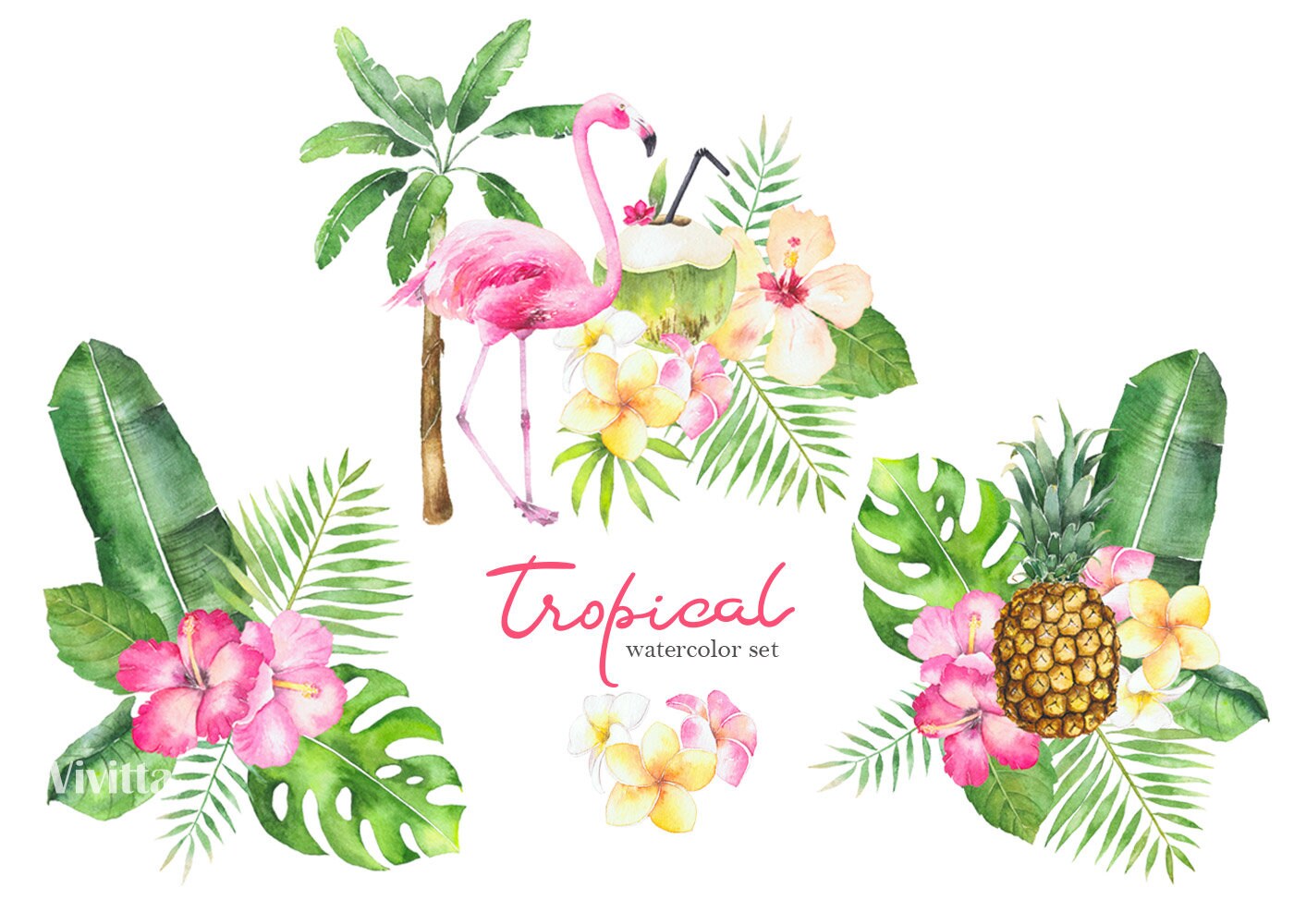 Watercolor Tropical Set. Digital Clipart Flamingo, Palms, Monstera ...