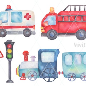Cars, Watercolor Transport Clipart, Vehicles, City, Boys, Bus, Police ...