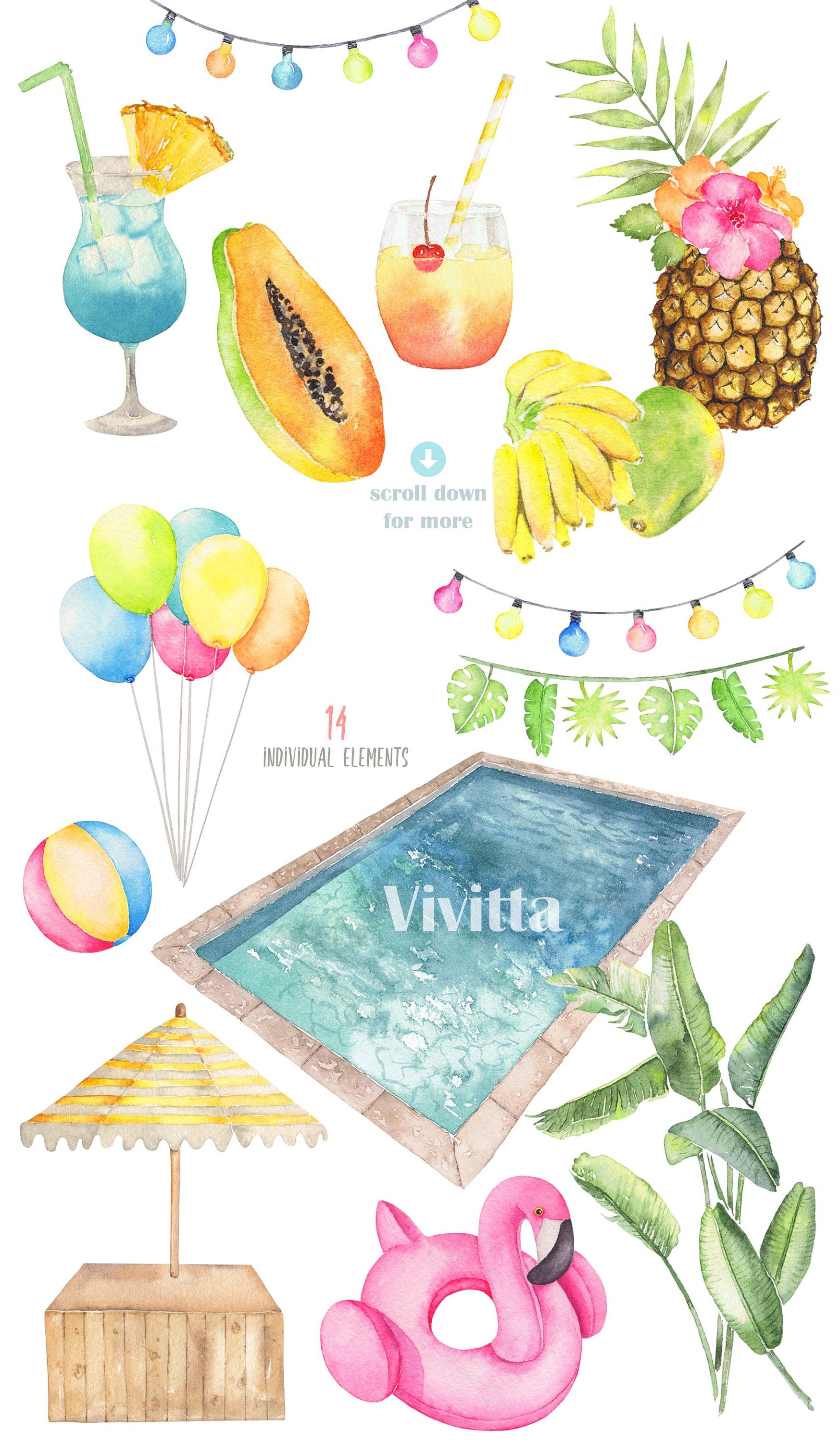 Watercolor Tropical Pool Party Summer Vacation Style DIGITAL - Etsy