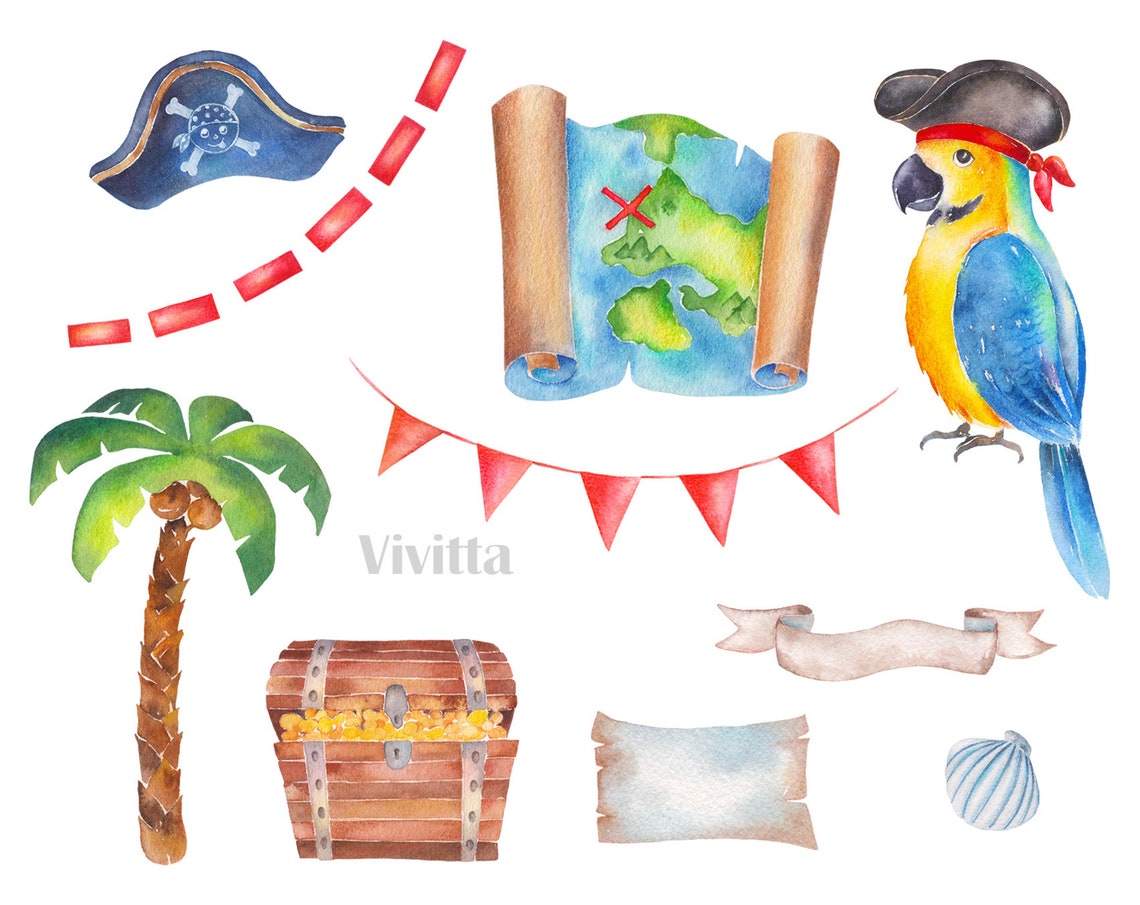 Pirates, Pirates Party, Watercolor Clipart , Tropical, Parrot, Map ...