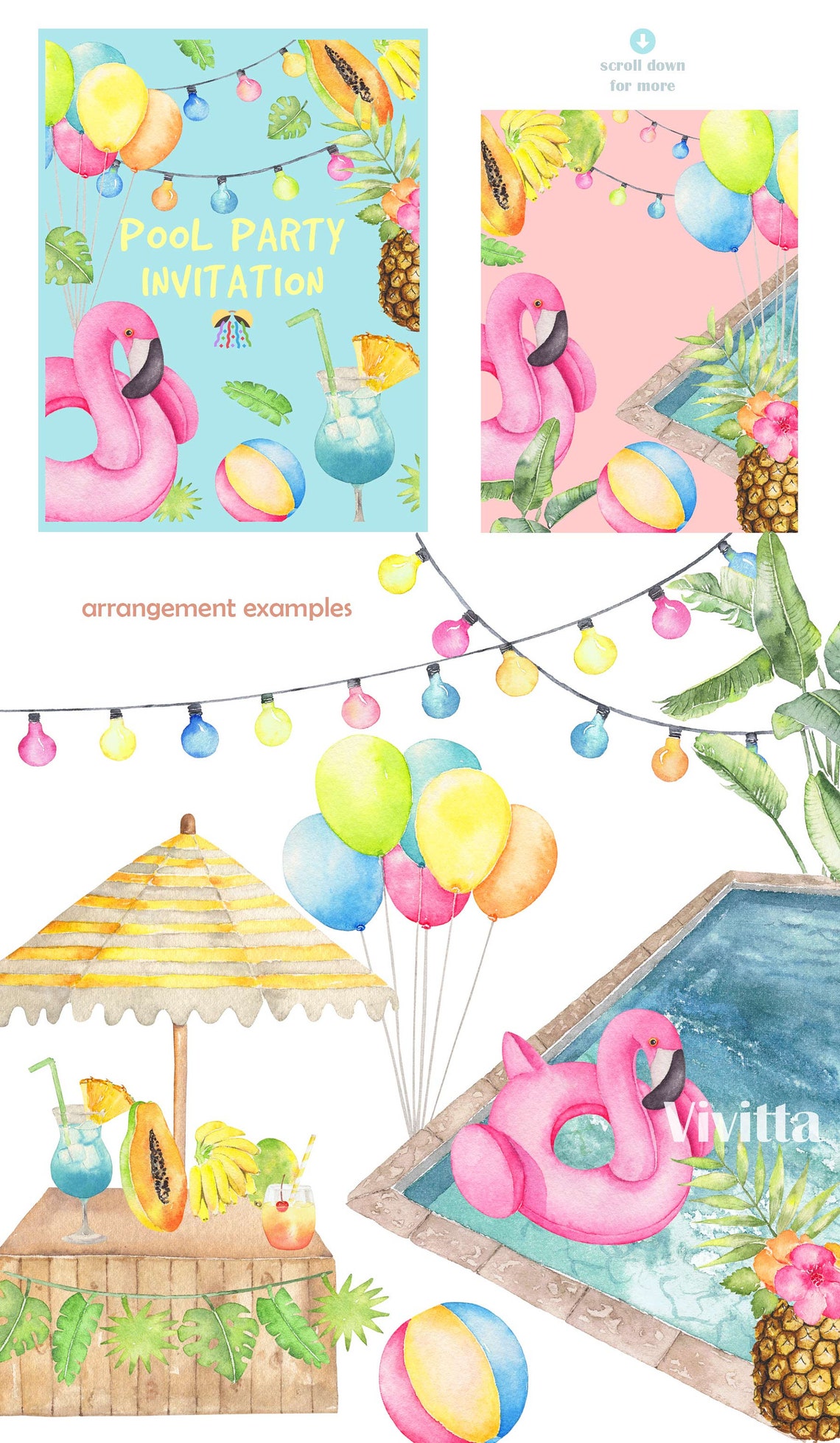 Watercolor Tropical Pool Party Summer Vacation Style DIGITAL - Etsy