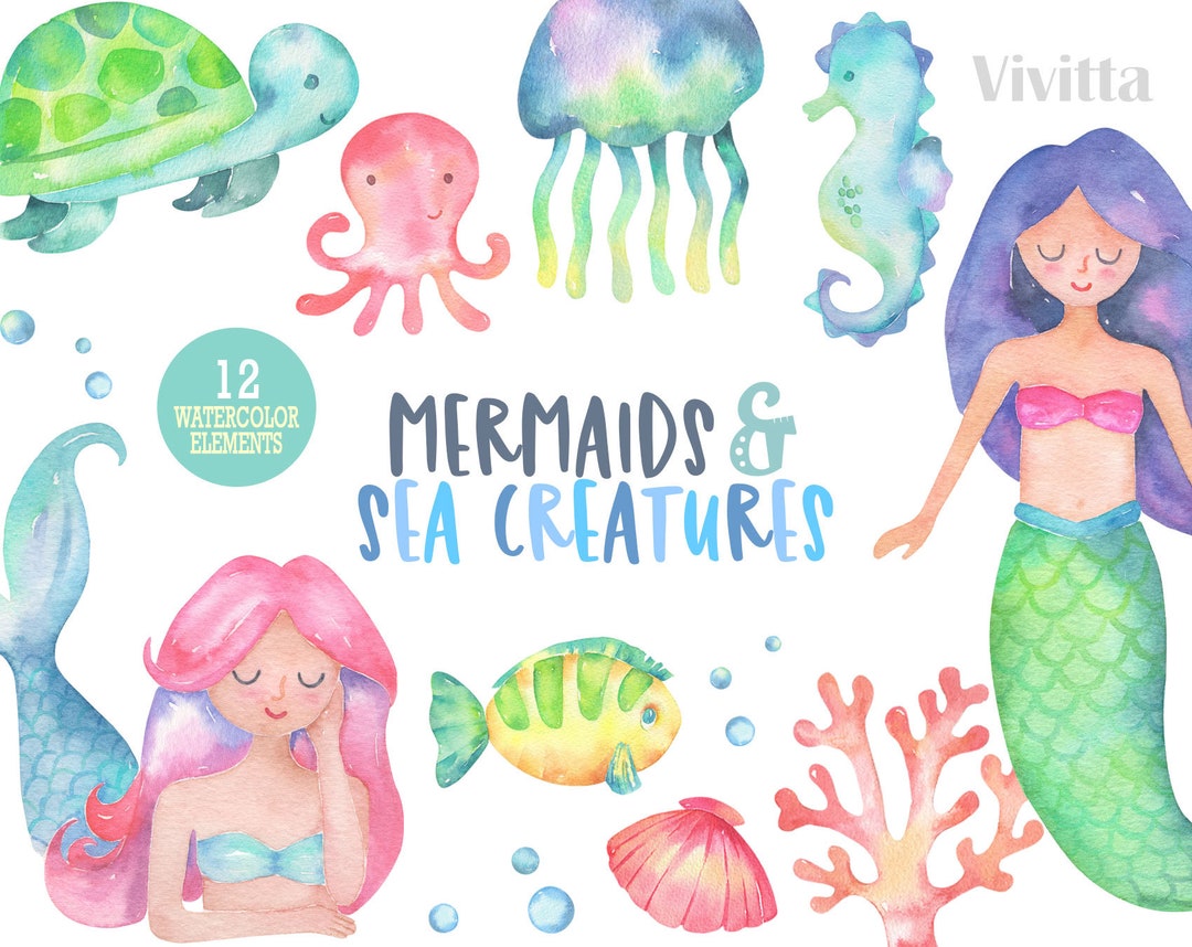 Mermaids and Sea Creatures, Ocean World, Under the Sea, Watercolor ...