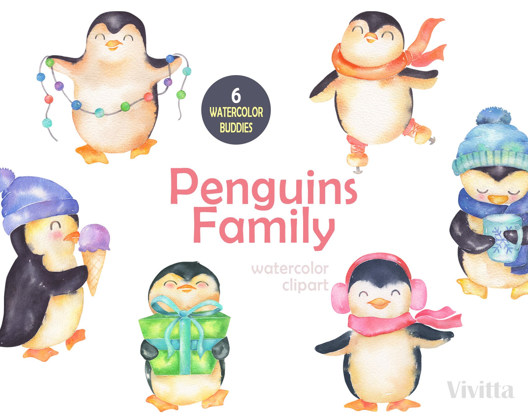 Penguins Watercolor Clipart Winter Christmas Penguin - Etsy