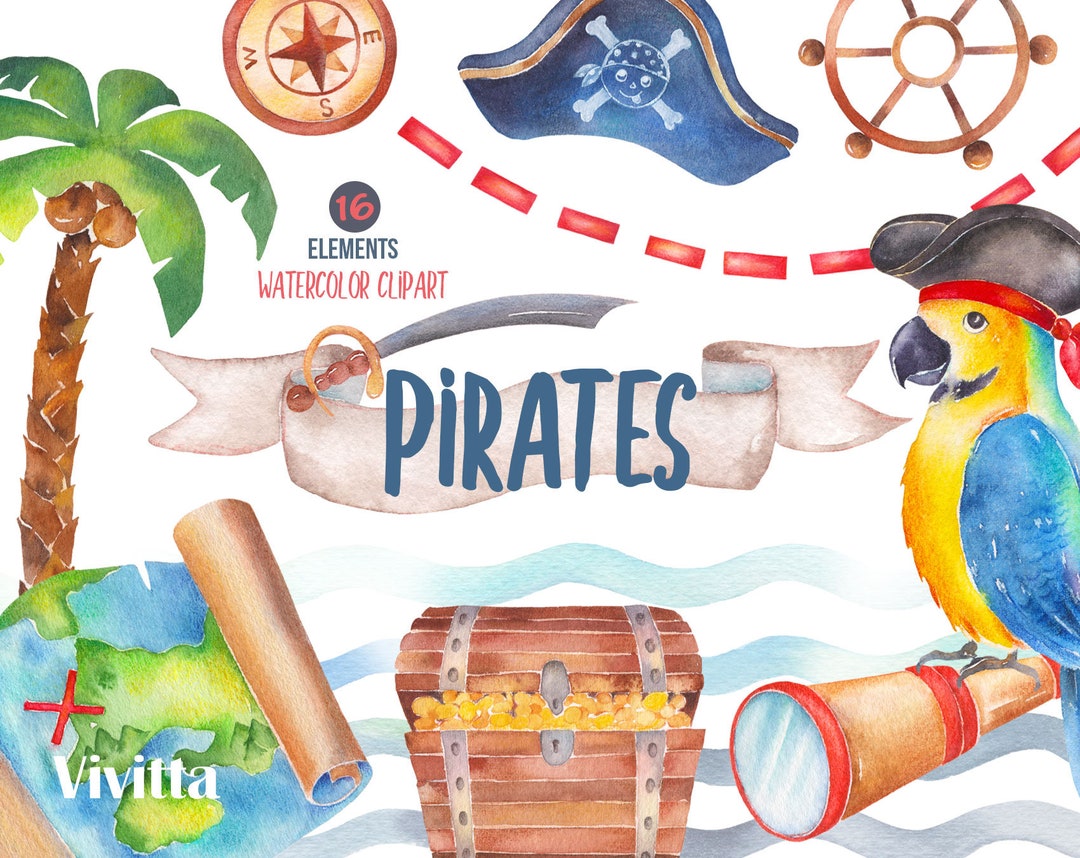 Pirates, Pirates Party, Watercolor Clipart , Tropical, Parrot, Map ...