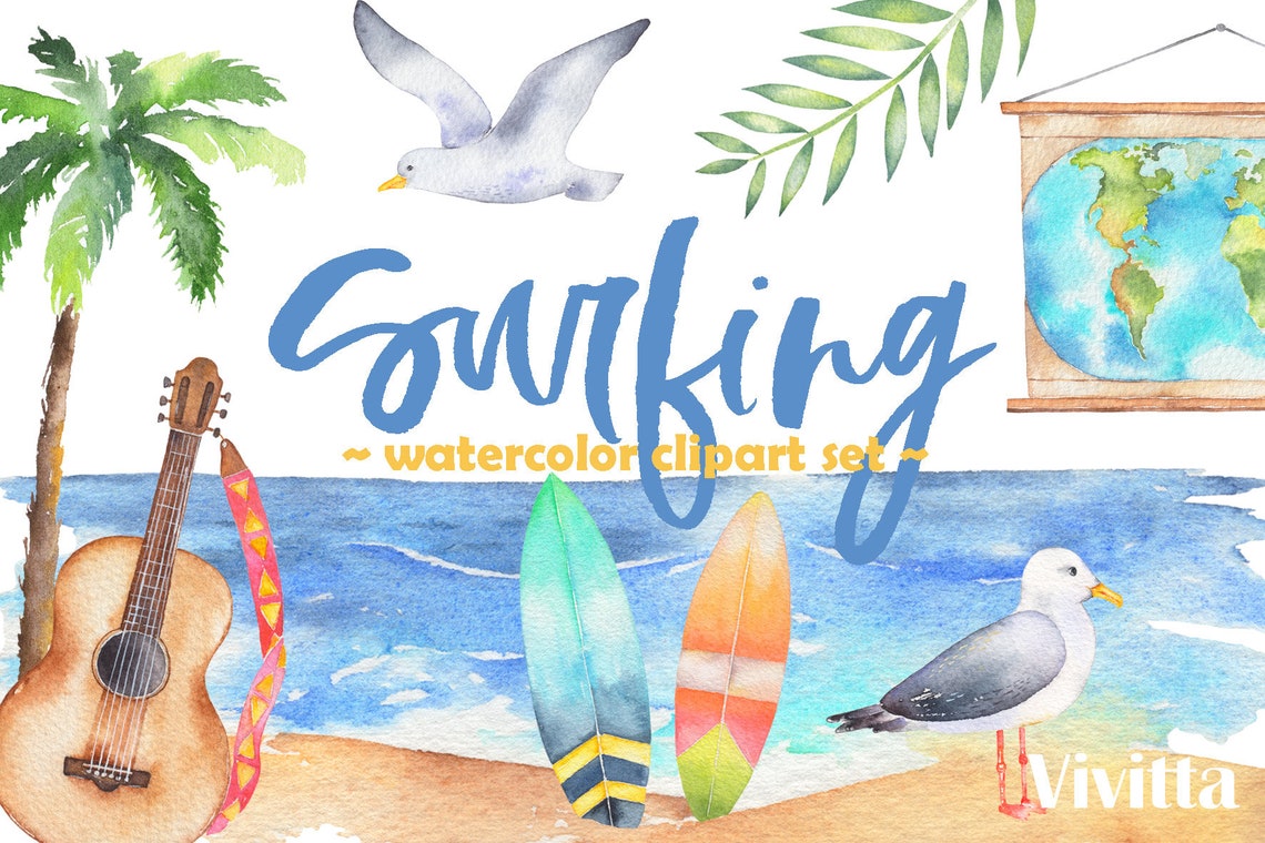 Surfing Watercolor Clipart Set, Surfboard, Summer, Hawaii, Ocean ...