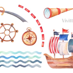 Pirates, Pirates Party, Watercolor Clipart , Tropical, Parrot, Map ...