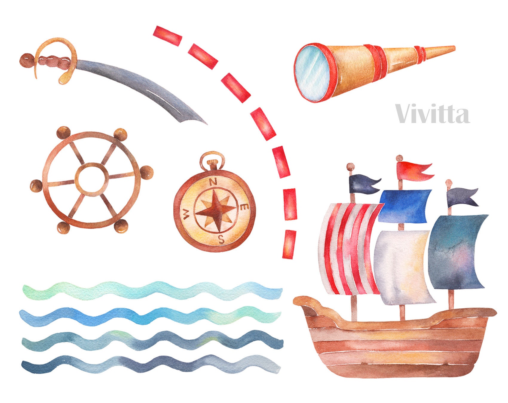 Pirates, Pirates Party, Watercolor Clipart , Tropical, Parrot, Map ...