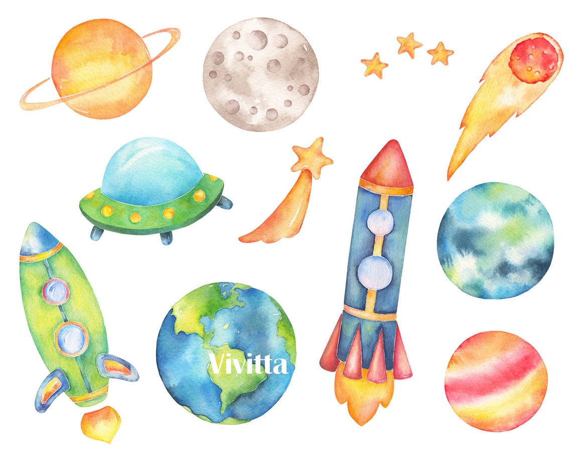 Space watercolor clipart collection Planets galaxy | Etsy