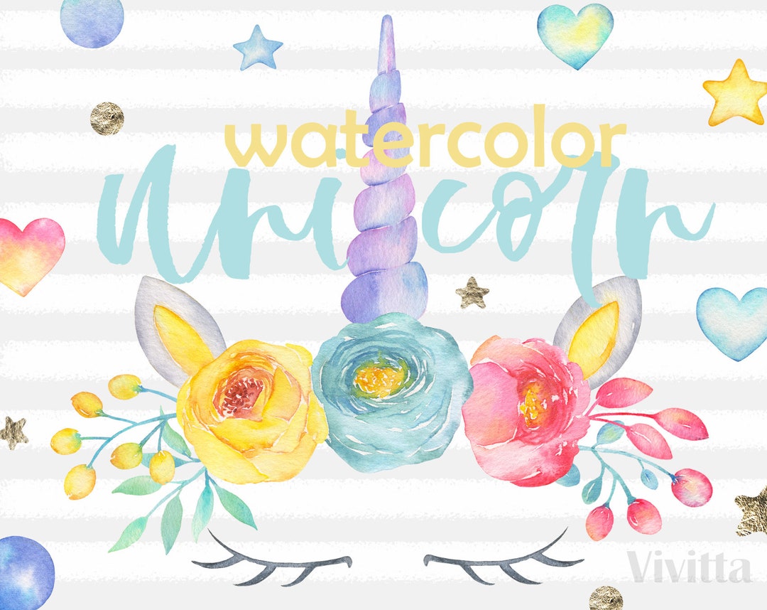 Unicorn Watercolor Clipart, Floral, Cute Unicorn Face - Etsy
