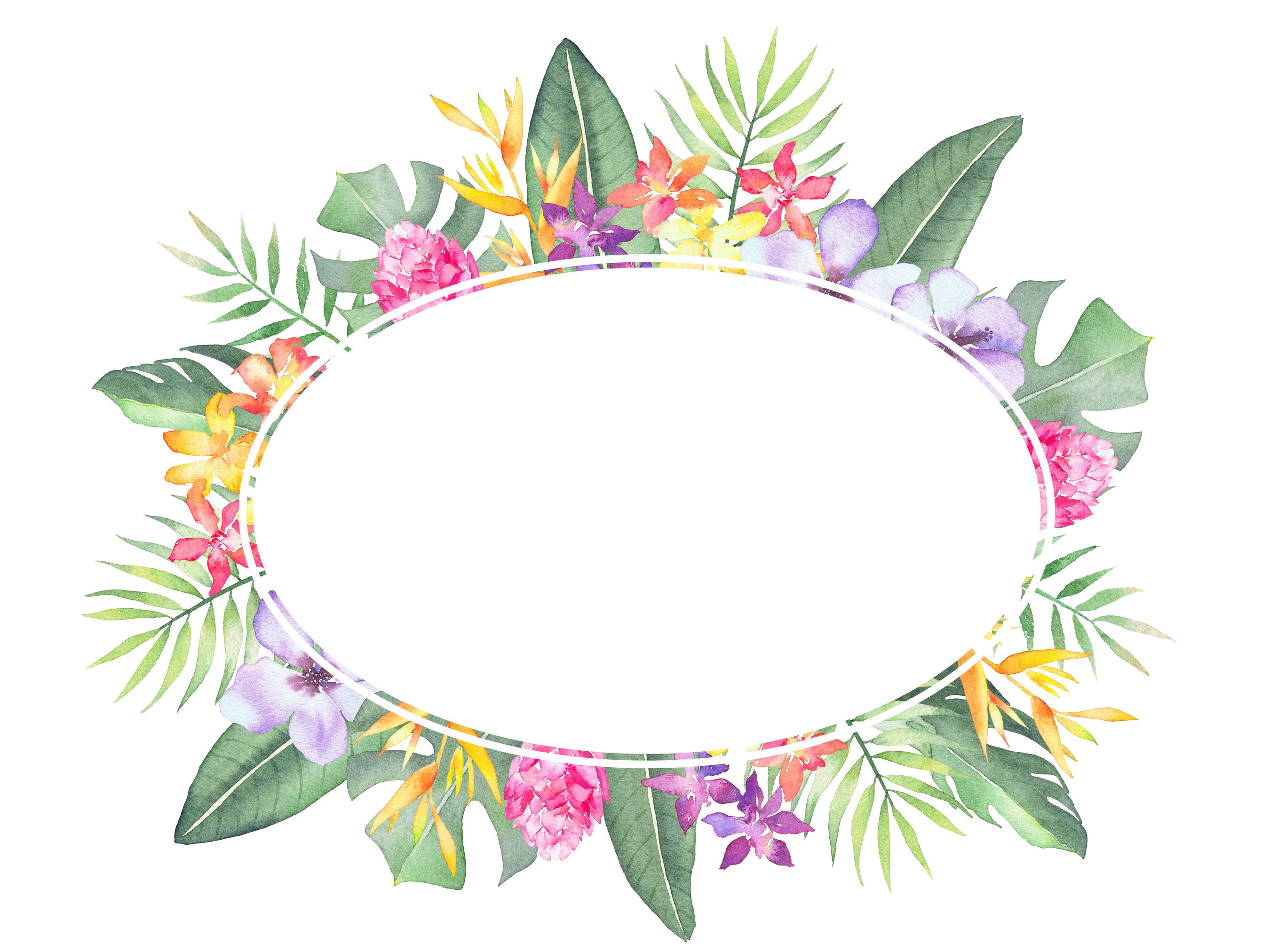 Watercolor Clipart Set tropical Flora, Summer Wedding, Pre-made Frames ...