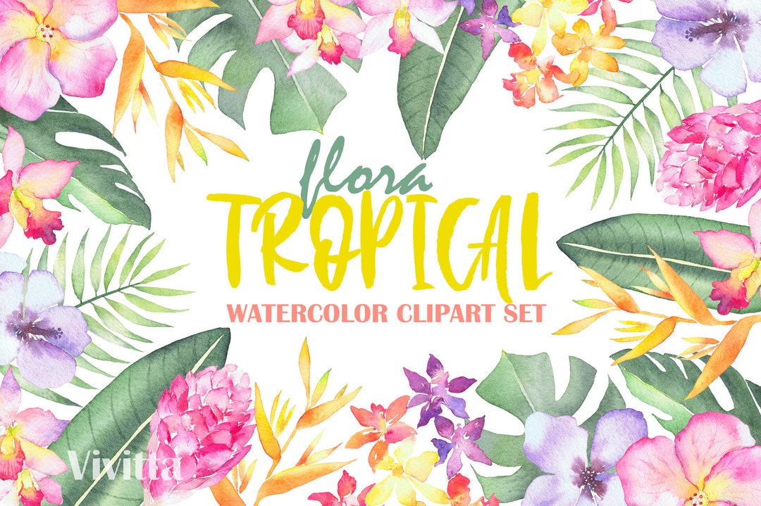 Watercolor Clipart Set tropical Flora, Summer Wedding, Pre-made Frames ...