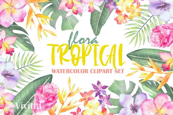 Watercolor clipart set Tropical Flora summer | Etsy