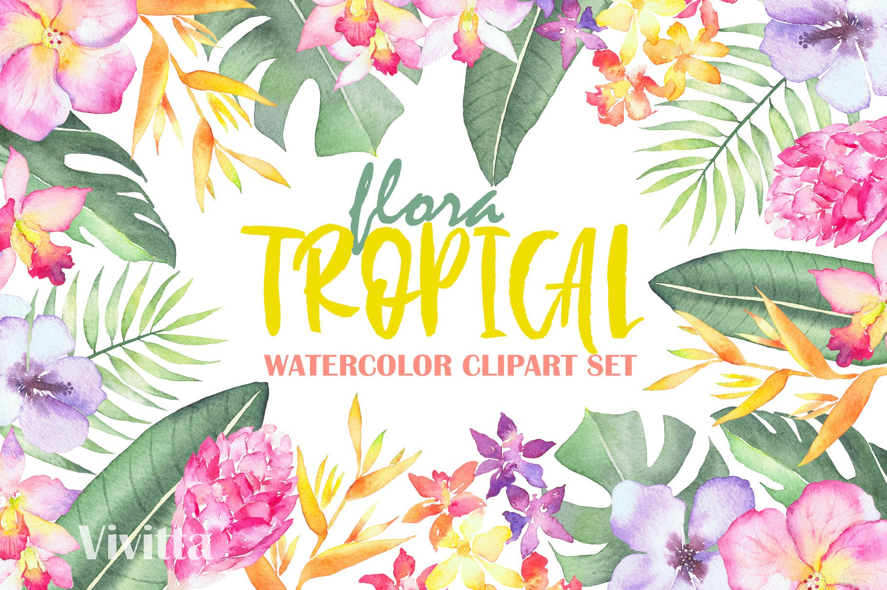 Watercolor Clipart Set tropical Flora, Summer Wedding, Pre-made Frames ...