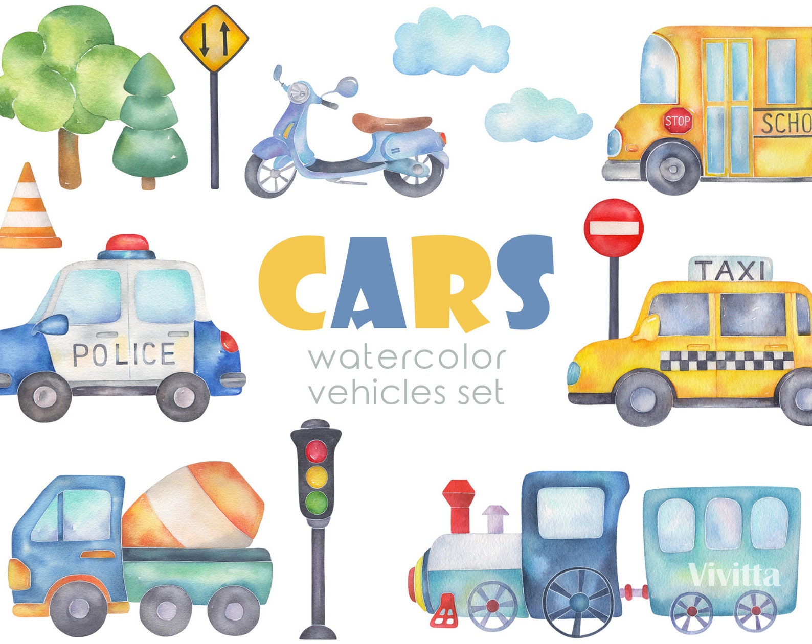 Cars Watercolor Transport Clipart Vehicles City Boys Bus | Etsy